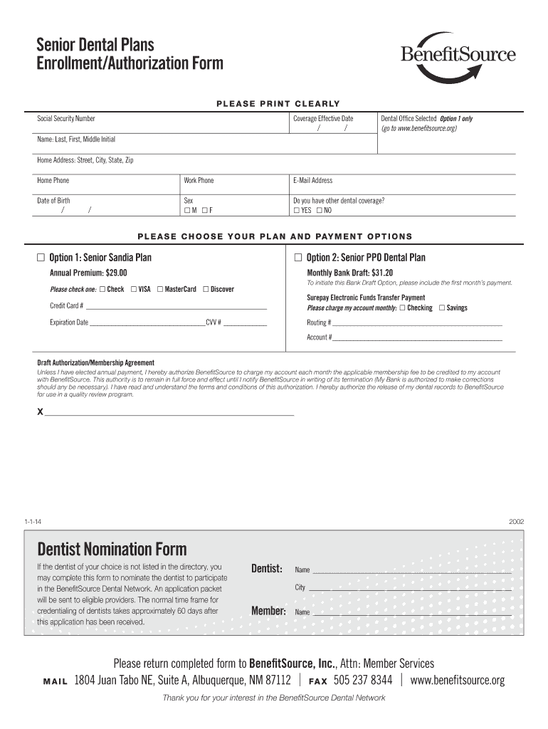 Fillable Online benefitsource Senior Dental Plans ...