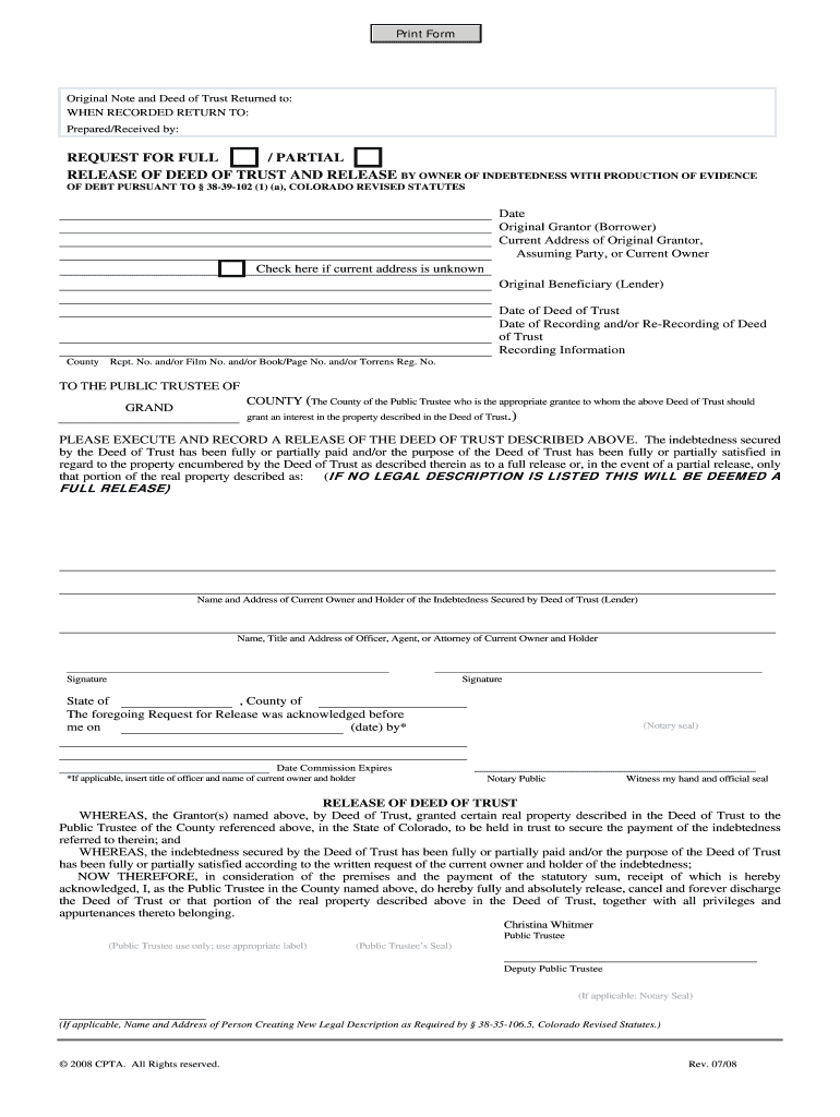 Fillable Online Print Form Original Note and Deed of Trust Returned to ...