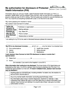 Fillable Online jacksoncareconnect My authorization for disclosure of ...