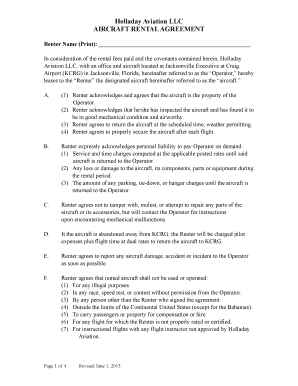 Fillable Online Holladay Aviation LLC AIRCRAFT RENTAL AGREEMENT Fax ...