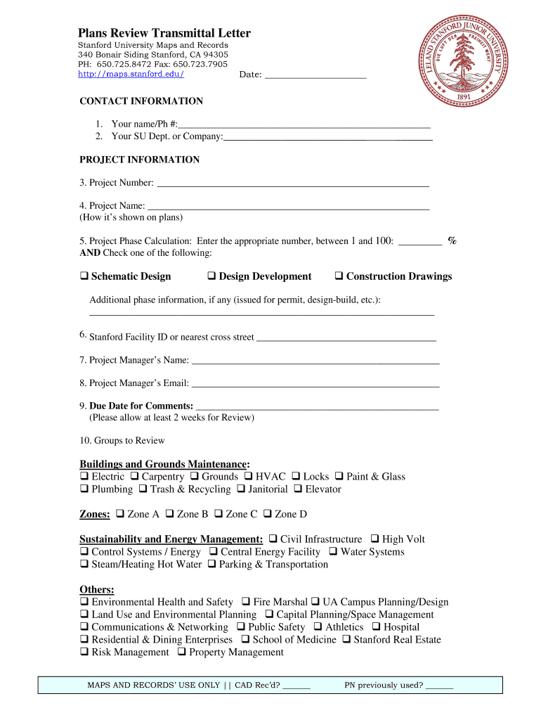 Fillable Online maps stanford Plans Review Transmittal Letter Stanford ...