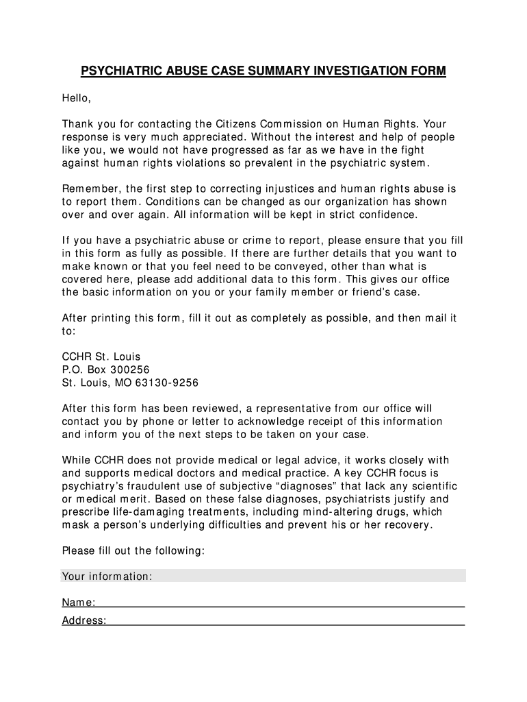 Fillable Online PSYCHIATRIC ABUSE CASE SUMMARY INVESTIGATION FORM Fax ...