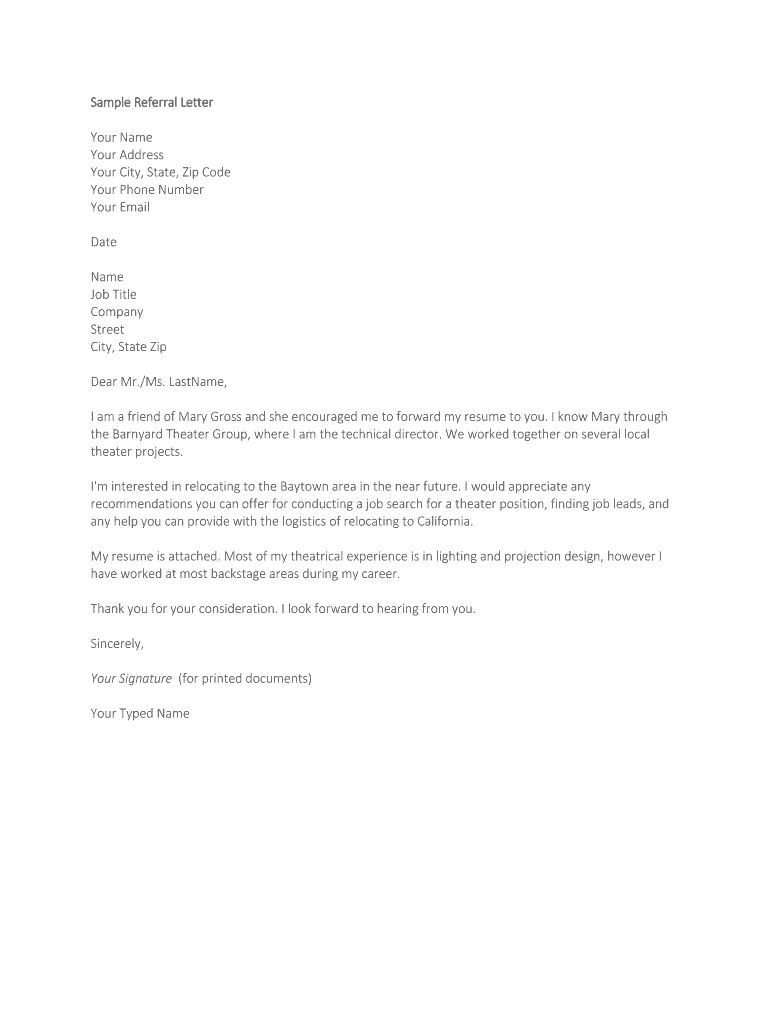Fillable Online Sample Referral Letter Your Name Your City State Zip ...