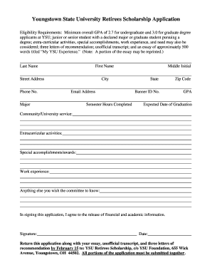 Fillable Online ysuretirees YSU RETIREES SCHOLARSHIP APPLICATION - ysuretirees Fax Email Print ...