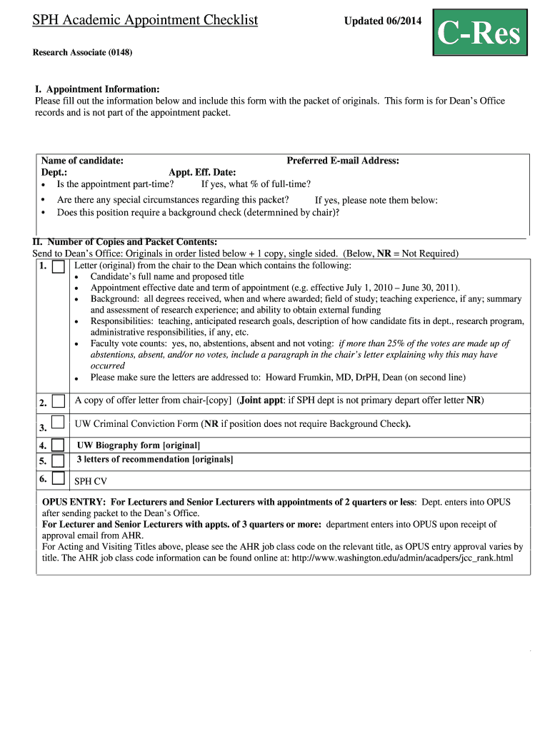 Fillable Online sph washington SPH Academic Appointment Checklist Fax Email Print - pdfFiller