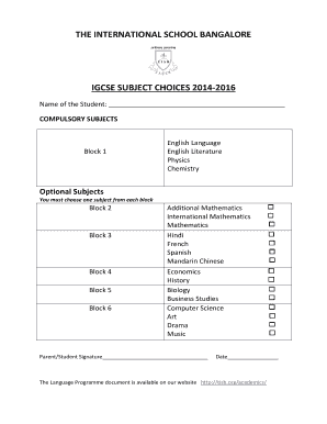 Fillable Online THE INTERNATIONAL SCHOOL BANGALORE IGCSE SUBJECT ...