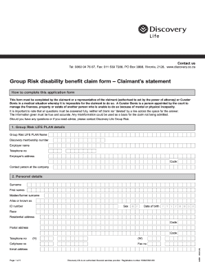Fillable Online Group Risk disability benefit claim form Claimants Fax ...