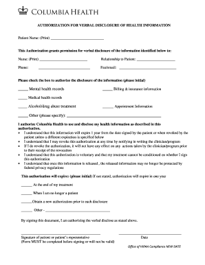 Fillable Online health columbia AUTHORIZATION FOR VERBAL DISCLOSURE OF ...