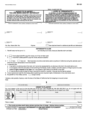 Fillable Online Sc-120 Defendants Claim and Order to Plaintiffpdf Fax ...