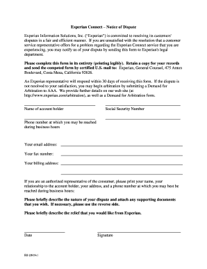 Fillable Online Experian Connect Notice of Dispute Experian Information ...