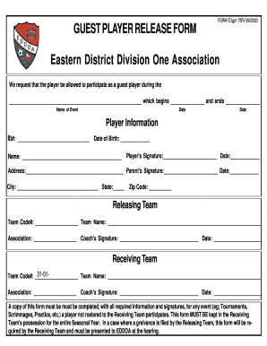 Fillable Online GUEST PLAYER RELEASE FORM Eastern District Division One ...