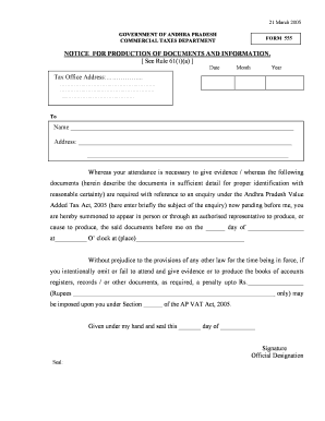 Fillable Online NOTICE FOR PRODUCTION OF DOCUMENTS AND INFORMATION Fax ...