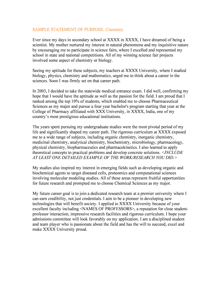 Fillable Online Statement of Purpose for Graduate Program in Chemistry ...