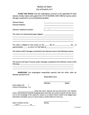 Fillable Online Notice of Claim bApplicationb - City of Dunkirk Fax Email Print - pdfFiller