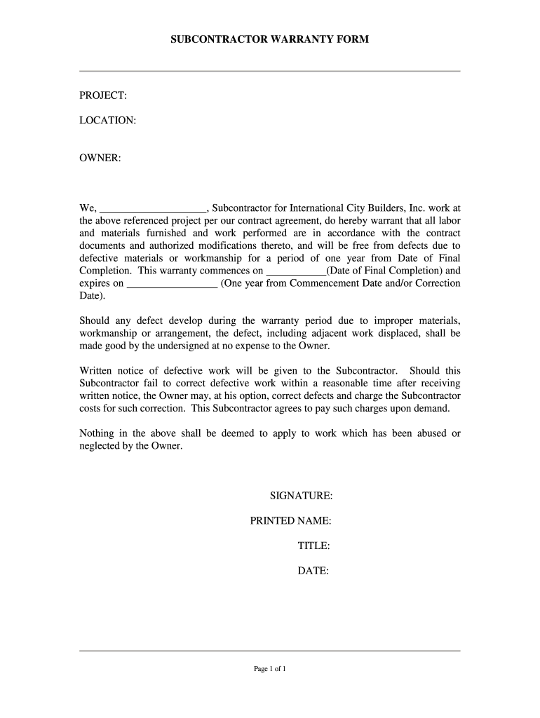 Contractor 1 Year Warranty Template HQ Template Documents