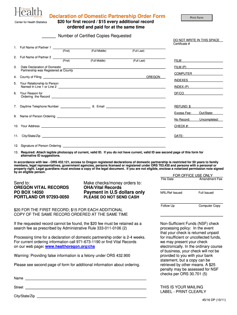 Fillable Online Declaration of Domestic Partnership Order Form Fax ...