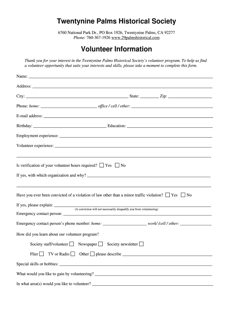 Fillable Online Twentynine Palms Historical Society Volunteer Form Fax ...