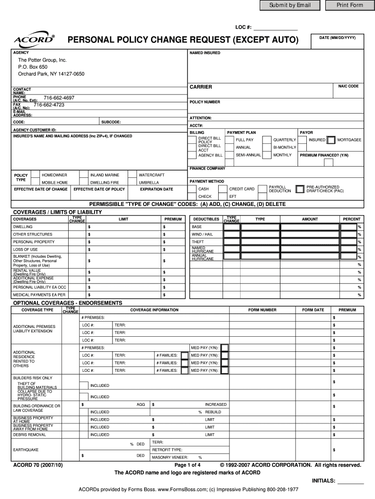 Fillable Online Personal Policy Change Request (Except Auto) Fax Email ...