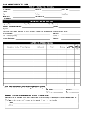 Fillable Online CLAIM AND AUTHORIZATION FORM PATIENT ... - RBC ...