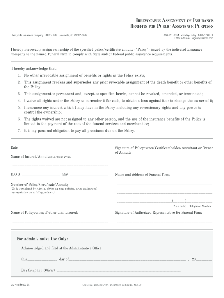 Fillable Online Irrevocable Assignment of Insurance Benefits Fax Email ...