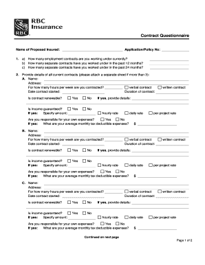 Fillable Online Contract Questionnaire Name of Proposed Insured ...