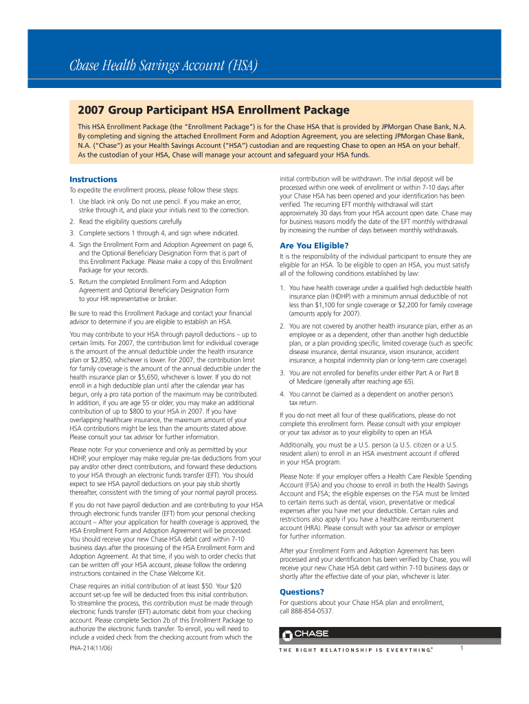 Fillable Online Chase Health Savings Account (HSA) 2007 Group Participant HSA Enrollment Package ...