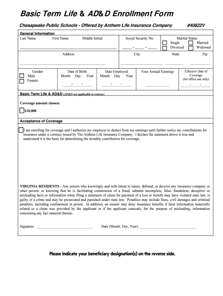 Fillable Online Basic Term Life & AD&D Enrollment Form Fax Email Print ...