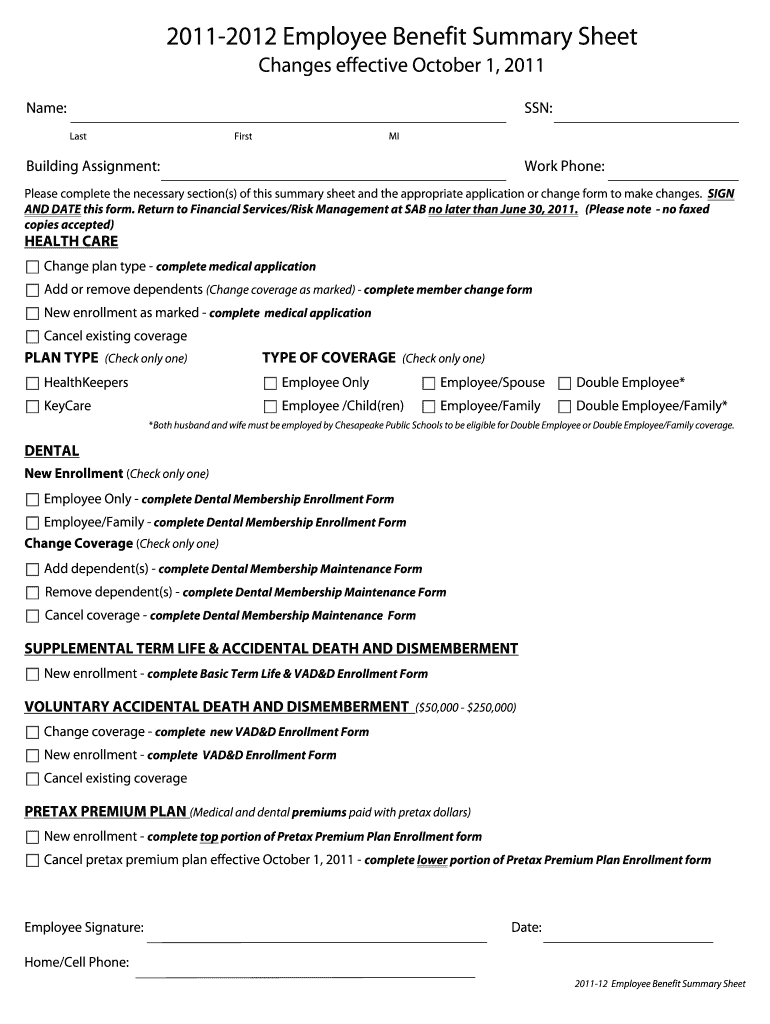 Fillable Online Employee Benefit Summary Sheet Fax Email Print - pdfFiller