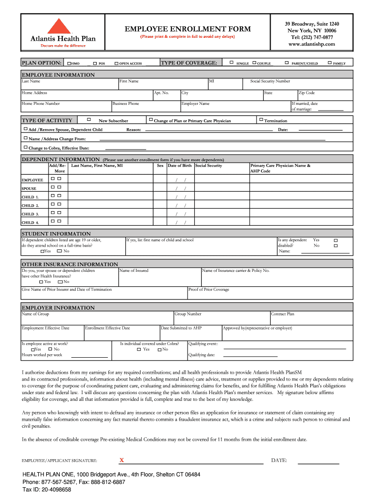 Fillable Online Atlantis Health Plan Individual Enrollment Fax Email ...