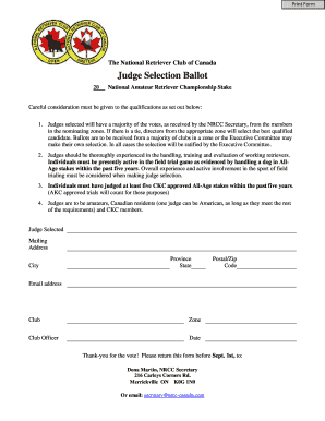 Fillable Online JUDGE SELECTION BALLOT - National Retriever Club of ...