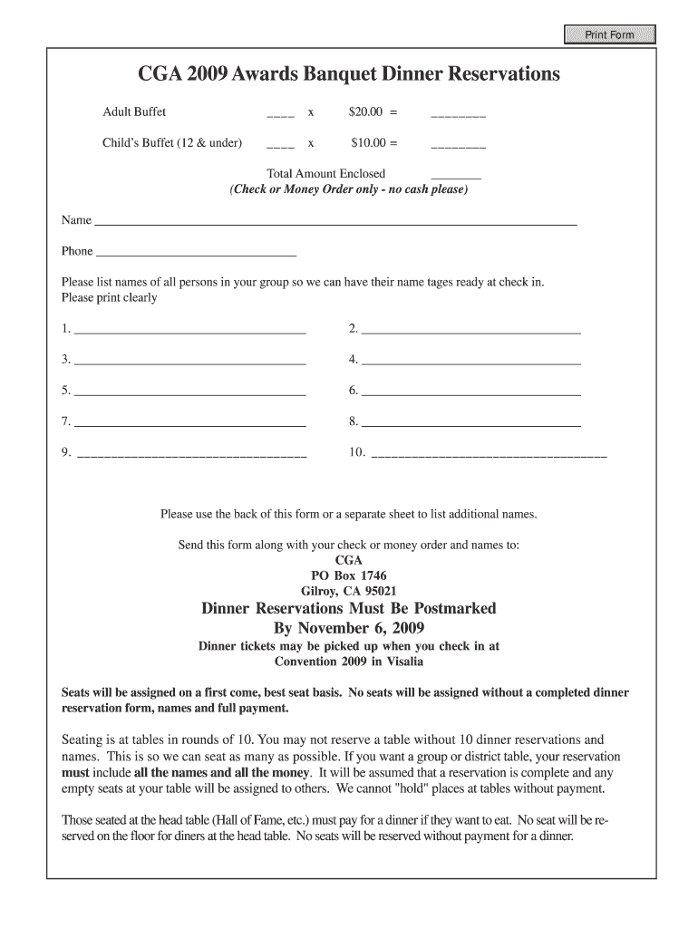 Fillable Online CGA 2009 Awards Banquet Dinner Reservations Fax Email ...