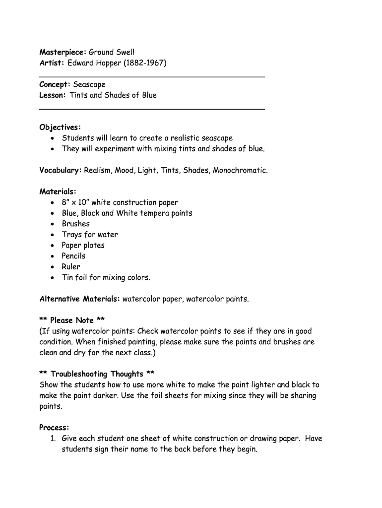 Fillable Online Edward Hopper Art Lesson Fax Email Print - pdfFiller