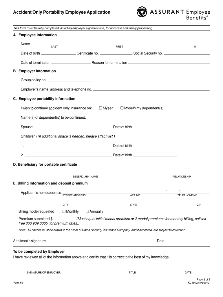 Fillable Online Accident Only Portability Employee Application Fax ...