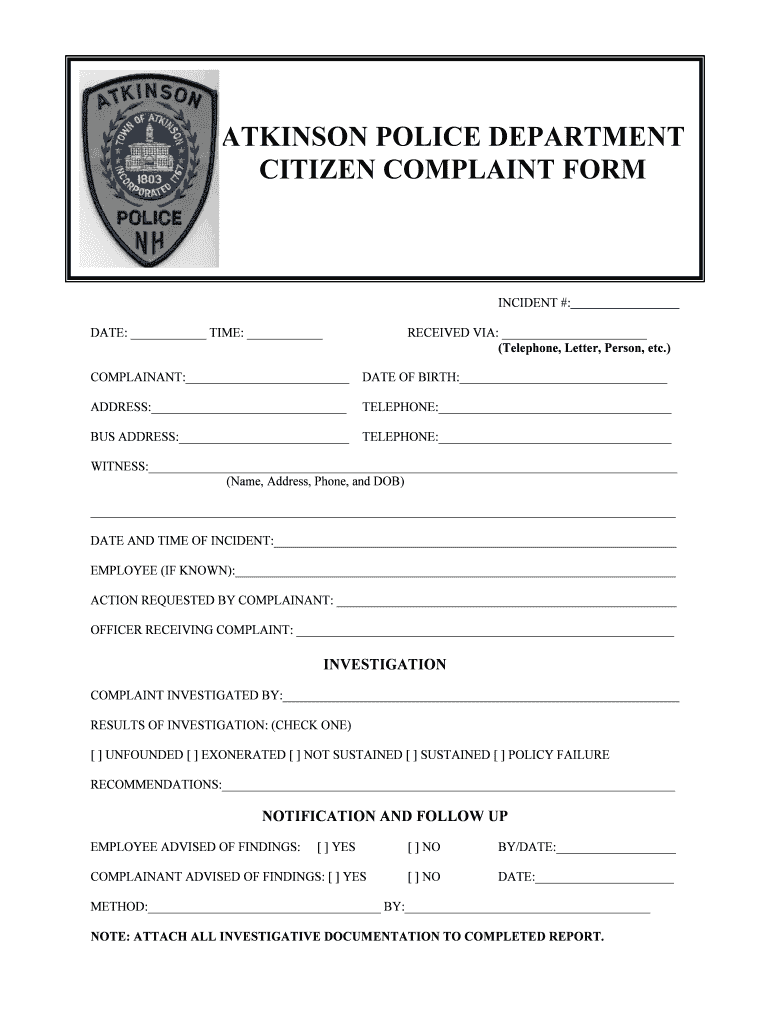 Fillable Online Atkinson Police Department Citizen Complaint Form Fax Email Print - pdfFiller