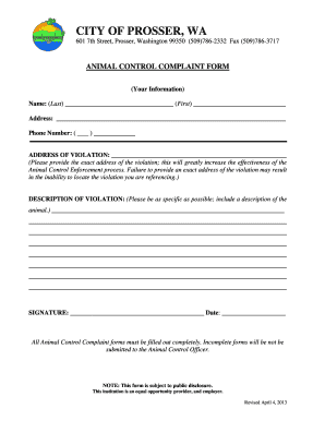 Fillable Online Animal Control Complaint Form - City of Prosser Fax ...