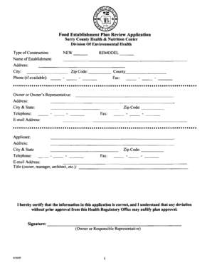 Fillable Online Food Establishment Plan Review Application - Surry County Health ... Fax Email ...