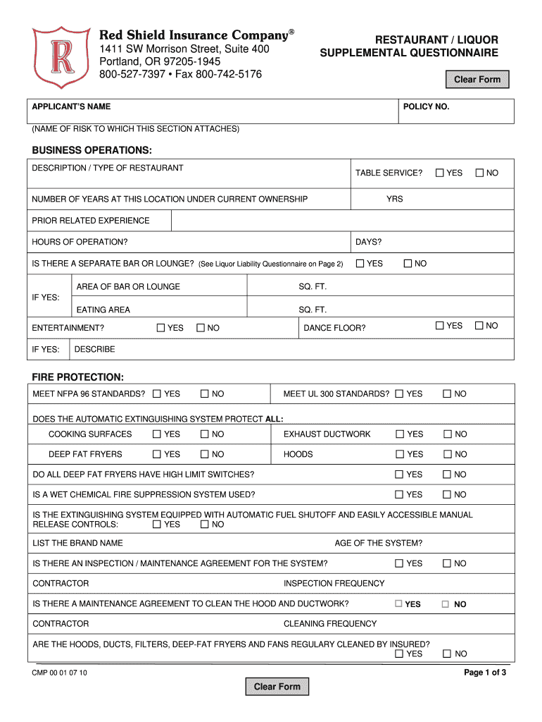 Fillable Online Restaurant / Liquor Supplemental Questionnaire Fax ...