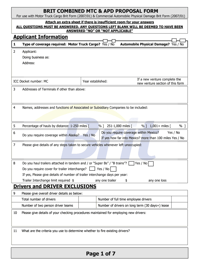 Fillable Online BRIT COMBINED MTC & APD PROPOSAL Fax Email Print ...