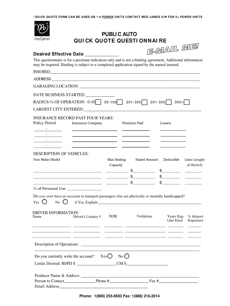 Fillable Online PUBLIC AUTO QUICK QUOTE QUESTIONNAIRE Fax Email Print ...