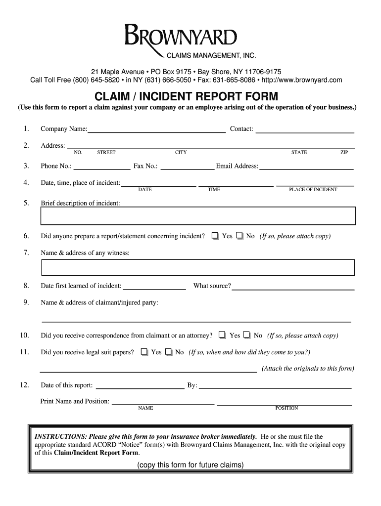 Fillable Online Claim / Incident Report Form Fax Email Print - pdfFiller