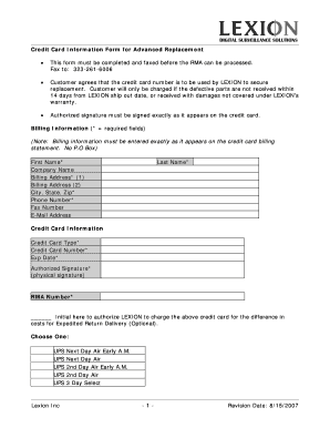 Fillable Online Credit Card Information Form for Advanced Replacement ...