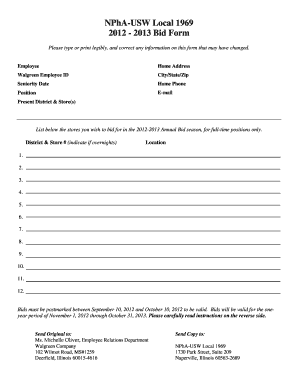 Fillable Online NPhA-USW Local 1969 2012 - 2013 Bid Form Fax Email ...