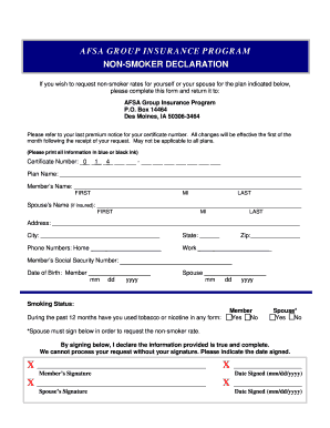 Fillable Online Afsa group insurance program non-smoker declaration ...