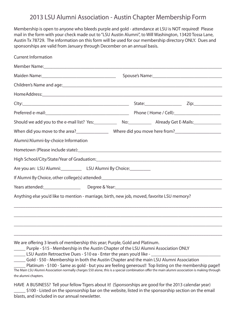 Fillable Online LSU Alumni Association Membership Form Fax Email Print ...