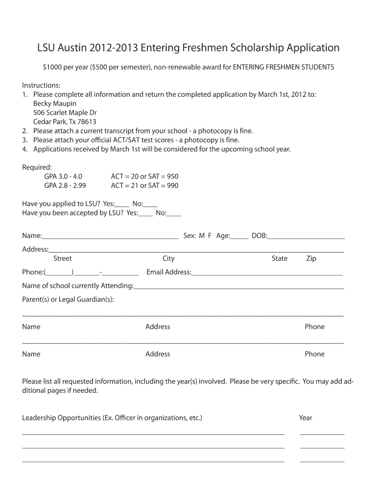 Fillable Online LSU Entering Freshmen Scholarship Application Fax Email ...