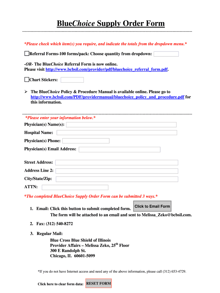 Fillable Online BlueChoice Supply Order Form Fax Email Print - pdfFiller