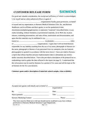 Fillable Online CUSTOMER RELEASE FORM - Siemens Healthcare Fax Email ...