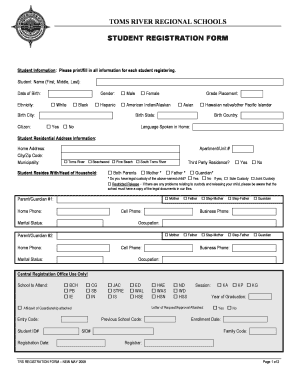 Fillable Online Toms river regional schools student registration form ...