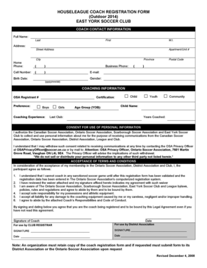 Fillable Online Coach Application Form for a House League Team Fax ...
