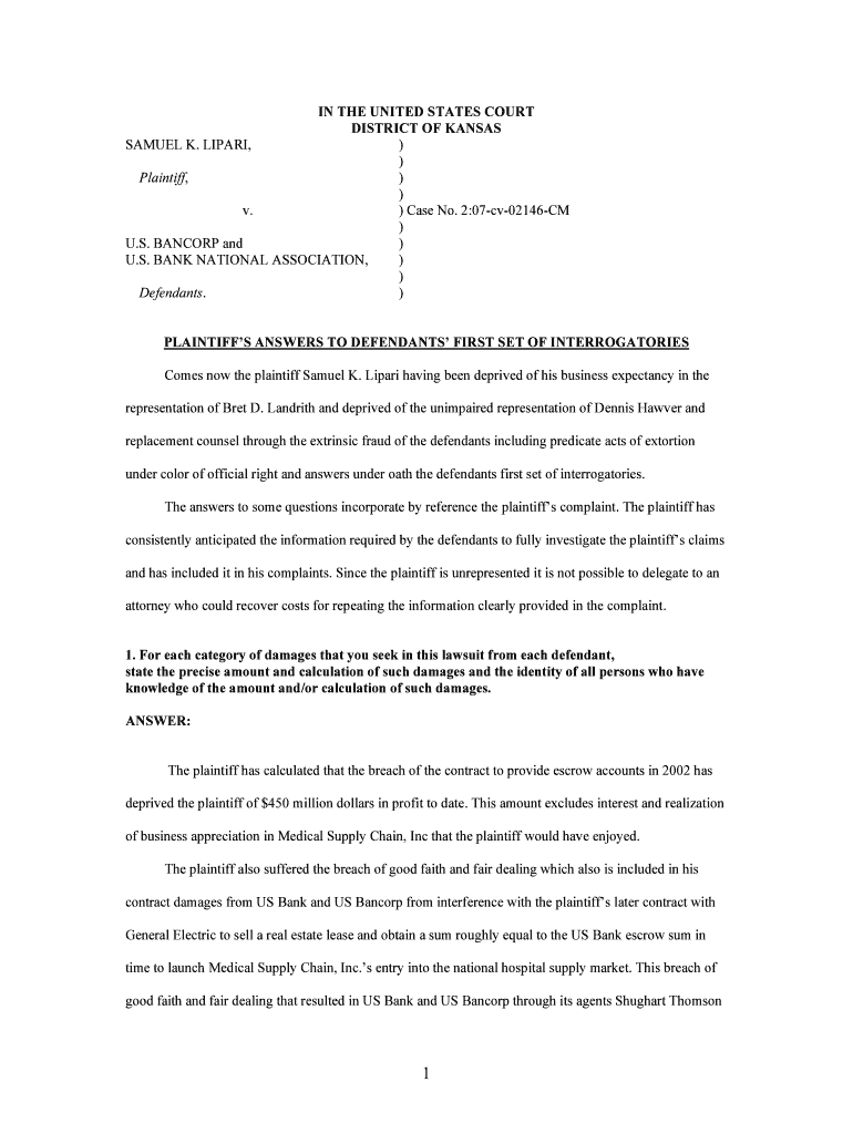Fillable Online PLAINTIFF’S ANSWERS TO DEFENDANTS’ FIRST SET OF ...